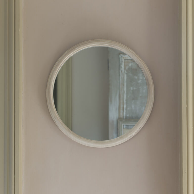 Round Mirror Distressed Antique White Small - Grand Illusions Wholesale